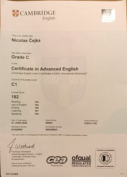 Nicolas Č. - doučování anglický jazyk, matematika - zš v městě Brno ...